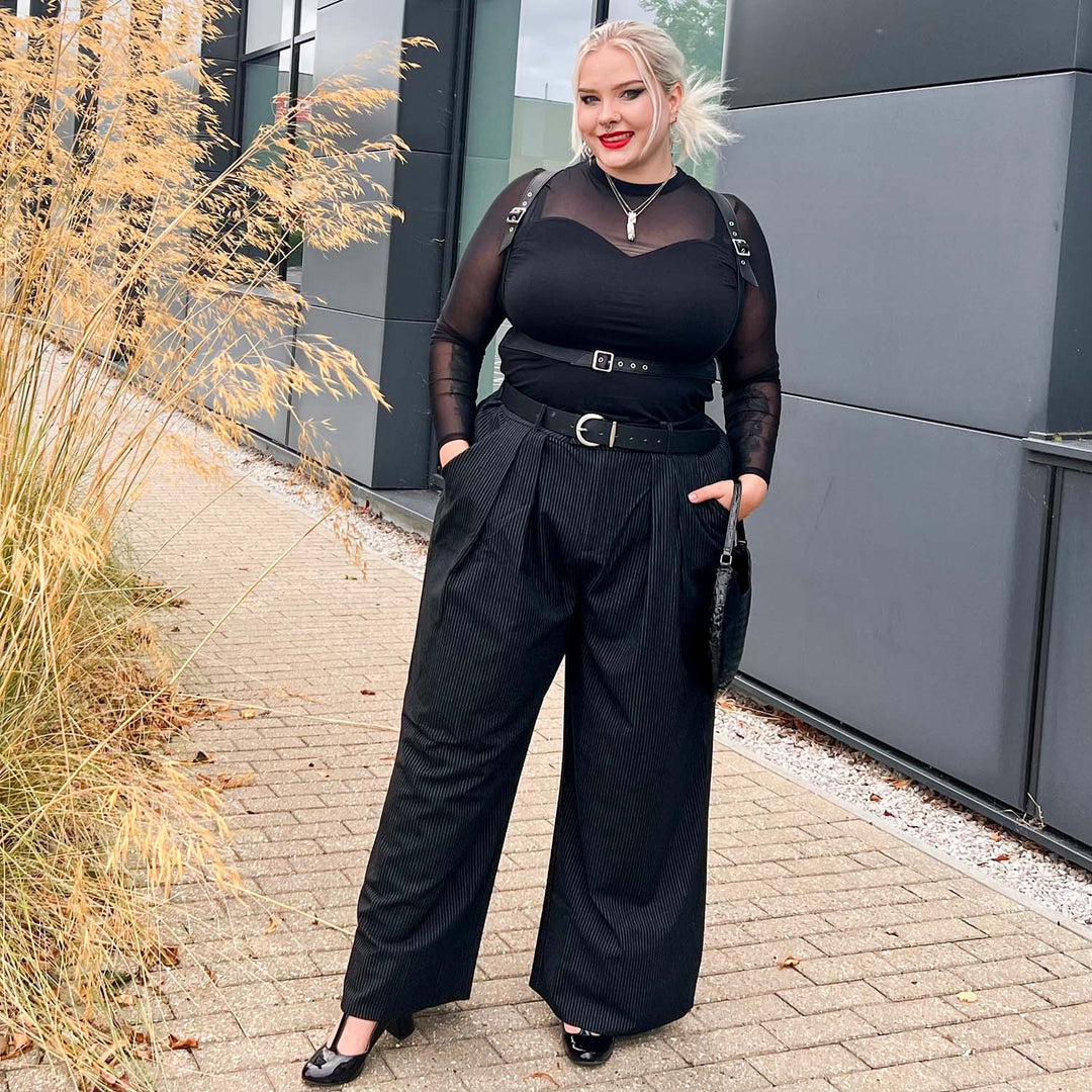 Wide Leg Pinstripe Tailored Trousers - Black - Tights & Clothes In ...